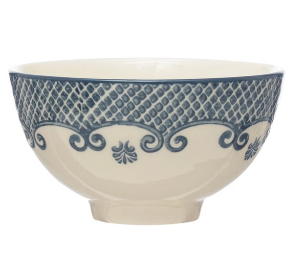Hand Stamped Stoneware Bowl with Blue Pattern - Painted Swan